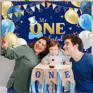Boys 1st Birthday Decoration Mr. Onederful Birthday Party Supplies 1st Happy Birthday Backdrop Photography Background with Balloons for Baby Toddler Little Man First Birthday Decor (Blue and Gold)