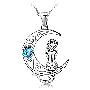 Distance Mermaid Necklace for Women 925 Sterling Silver Sea Mermaid Crescent Moon Necklace Birthday Jewelry Gifts for Women Wife Mom