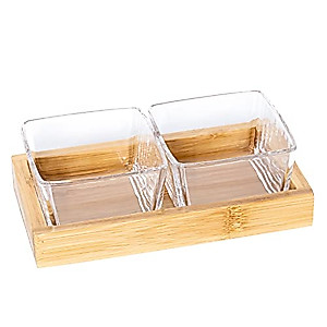 GOODSDECO Glass Serving Dishes with Wood Serving Tray, Divided Serving Platters with Wood Tray, Glass Bowl and Platters for Parties (2pcs)