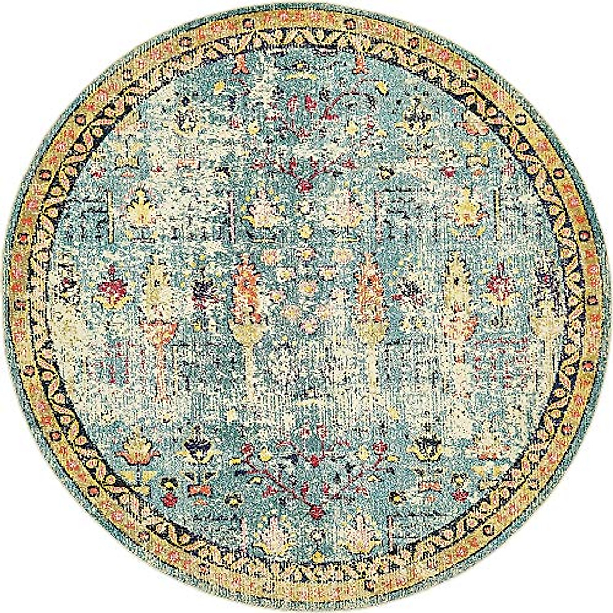 Unique Loom Monterey Collection Vintage Bohemian Inspired with Distressed Tribal Design Area Rug, Round 8' 0" x 8' 0", Blue/Yellow