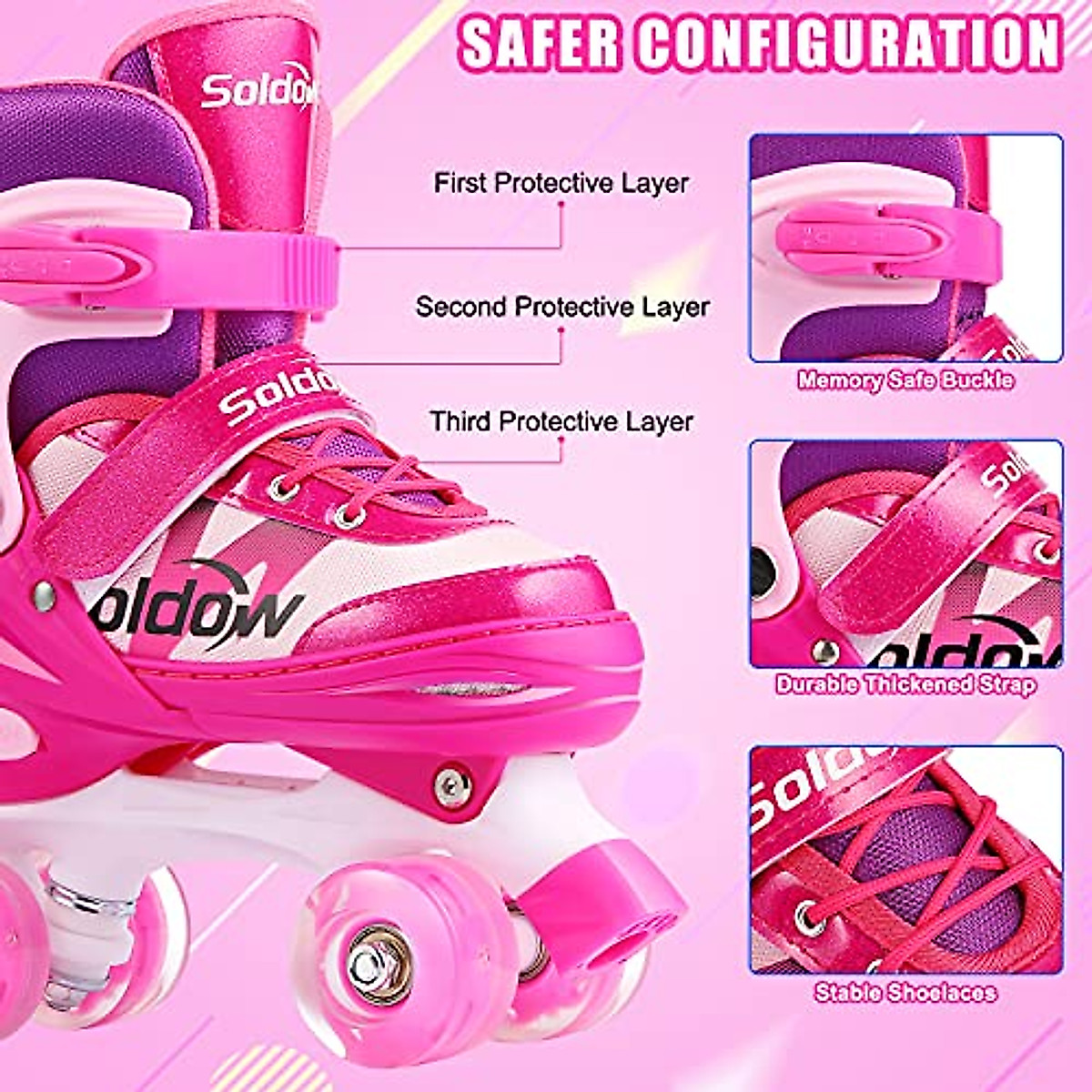 Soldow Adjustable Roller Skate Light up Rollerskates for Girls Boys, Flashing Kids Roller Skates with Full Illuminating Wheels