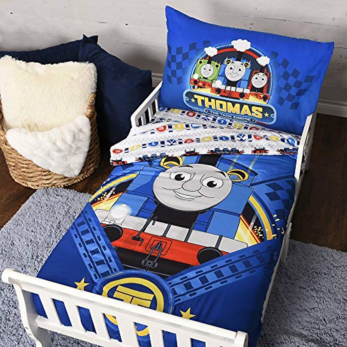 Thomas The Tank Standard Crib 3 Piece Toddler Bedding Set for Kids Soft Microfiber Reversible Comforter, Fitted Sheet & Pillowcase for Boys