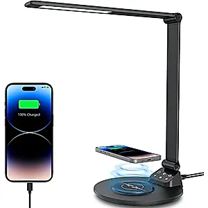EppieBasic Led Desk Lamp with 10W Fast Wireless Charger,Table Lamp with Type C Charging Port,Eye-Caring Office Lamp-5 Brightness Levels-5 Color Modes for Home Office Dorm Study Reading