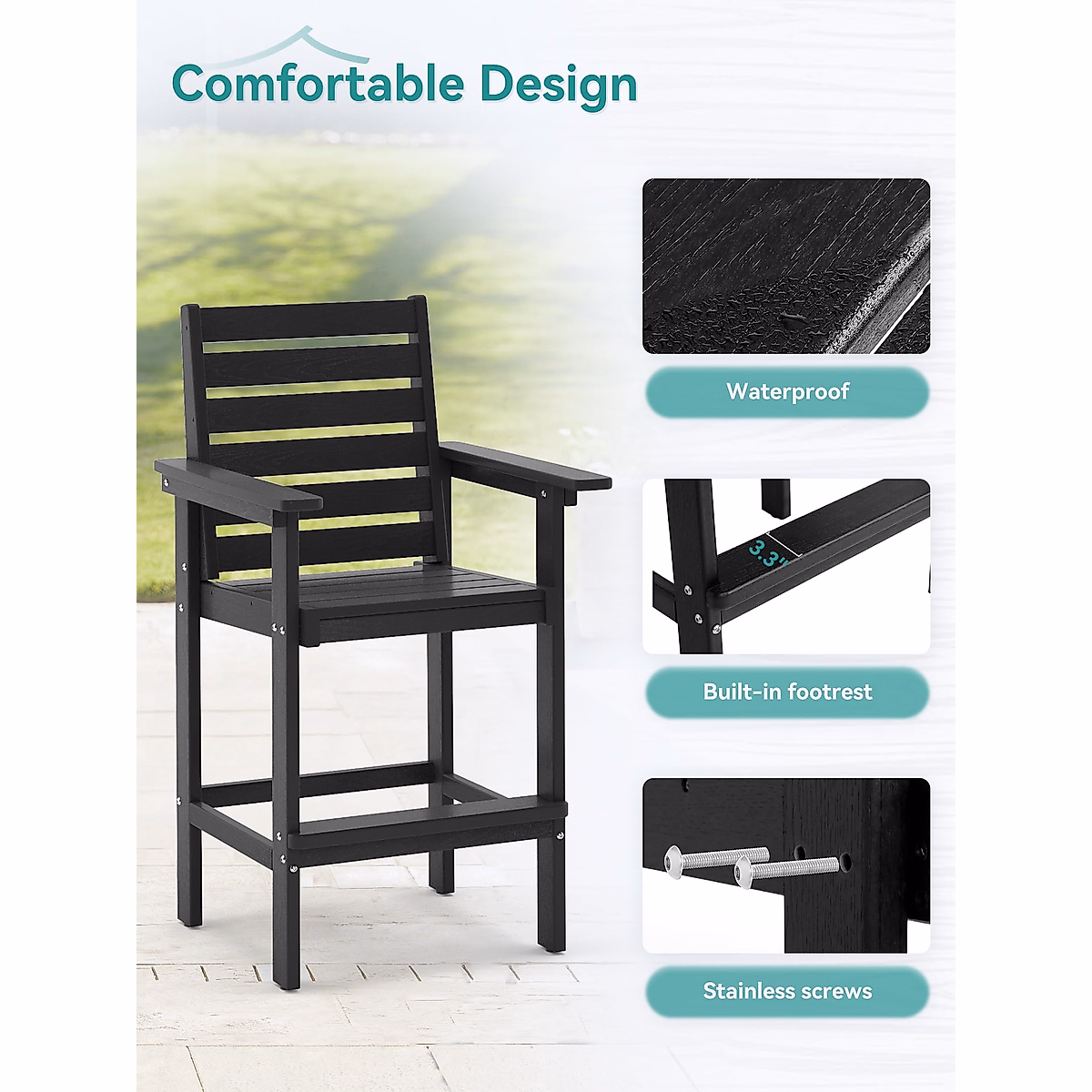 Homenjoy Tall Adirondack Chair Set of 2 with Connecting Tray, HDPE Weather Resistant Patio Bar Stools, Heavy Duty Bar Height Adirondack Chairs with Footrest, 26" H Balcony Chair for Deck,Black