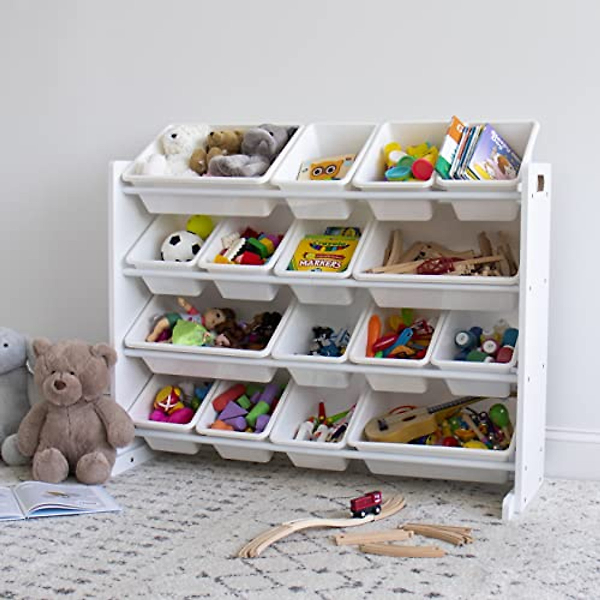 Humble Crew, White Kids Wood Table and 4 Chairs Set & Extra-Large Toy Organizer, 16 Storage Bins, White/White