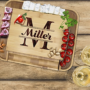The Wedding Party Store Personalized Premium Charcuterie Cheese Board Tray Set with Spreader Utensil Tools with Any Name (Bamboo - Name Initial Style)