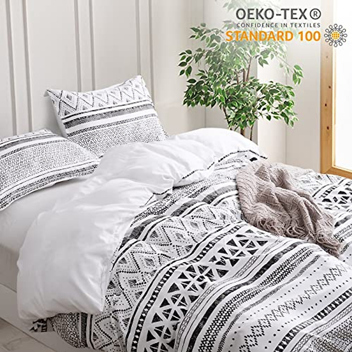 PHF Washed Soft Duvet Cover Set California King Size, 3 Piece Boho Stripe Printed Comforter Cover Set, Ultra Soft Comfy Durable Bohemia Farmhouse Duvet Cover with Zipper Closure,104"x98",Black & White