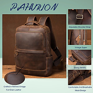 PAHVRION Vintage Genuine Leather 15.6 Inch Laptop Backpack, Hiking Travel Bag Anti Theft Camping Daypack School College Bookbag