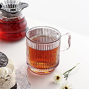 Lysenn Pink Glass Coffee Mug with Lid - Premium Classical Vertical Stripes Glass Tea Cup - for |Latte|Tea|Chocolate|Juice|Water| - Unleaded - Bamboo Lid - 12.5 Ounces