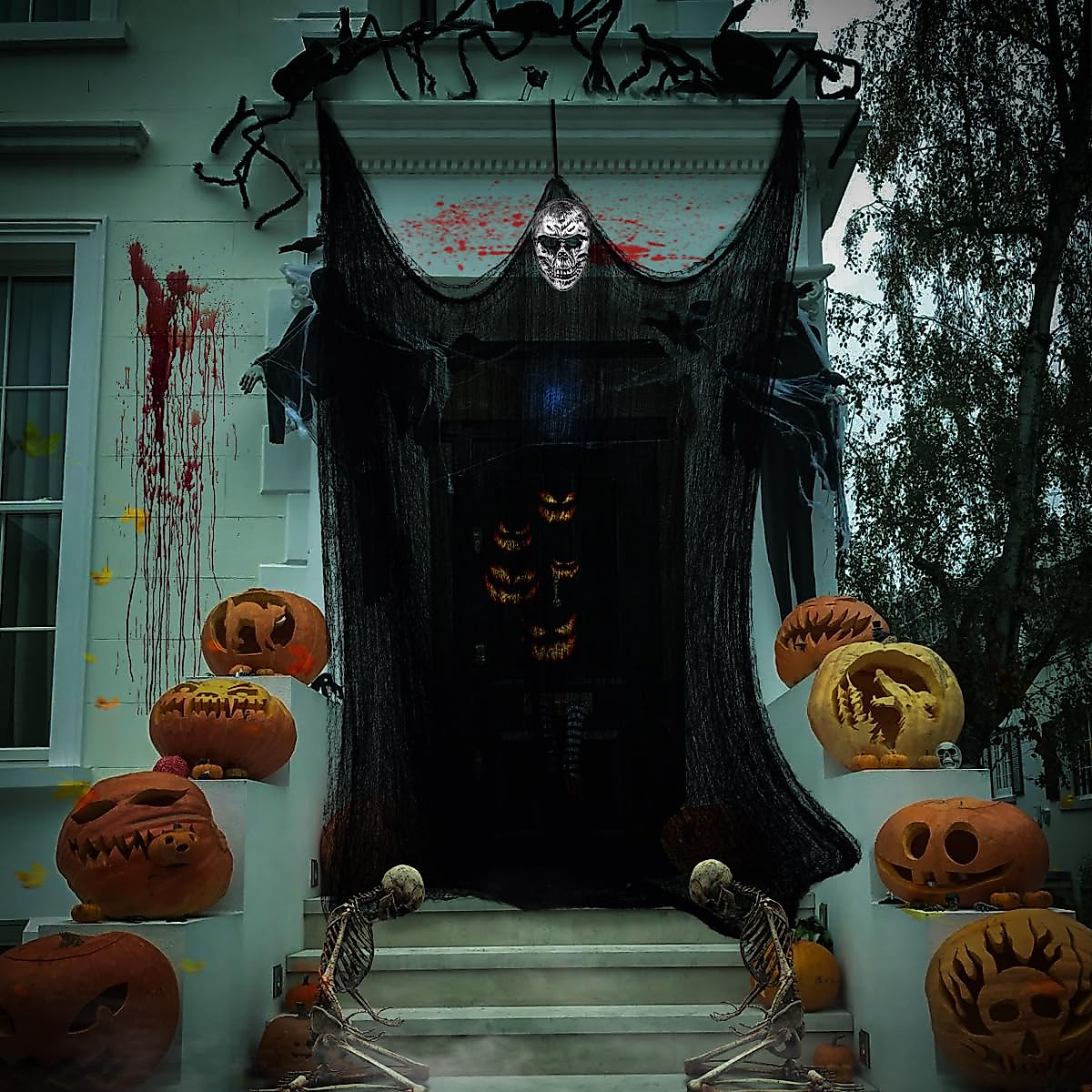 25FT Scary Halloween Outdoor Decorations, Hanging Ghost Halloween Decor with Black Creepy Cloth and Skull Mask for Halloween Haunted House Decor Party Supplies