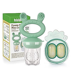 Haakaa Baby Fruit Food Feeder & Mini Freezer Nibble Tray Combo, Breastmilk Popsicle Molds for Cooling Relief, BPA Free Silicone Feeder for Safe Infant Self Feeding, 4 Month+ (Pea Green)