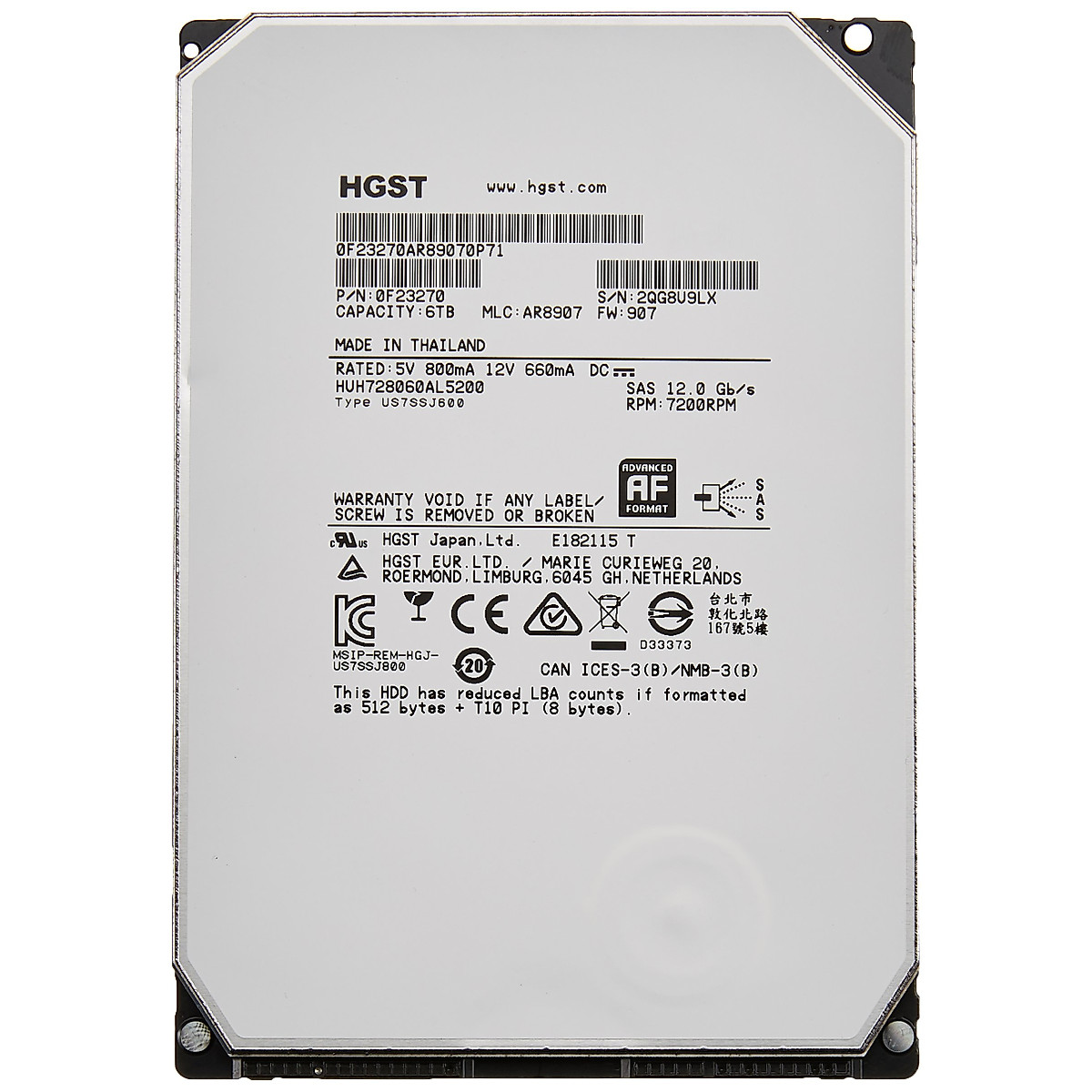 HGST Ultrastar He8 HUH728080AL5200 | 0F23268 | 8TB 7.2K RPM 128MB Cache SAS 12Gb/s 512E 3.5" Helium Platform Enterprise Hard Drive Bare Drive