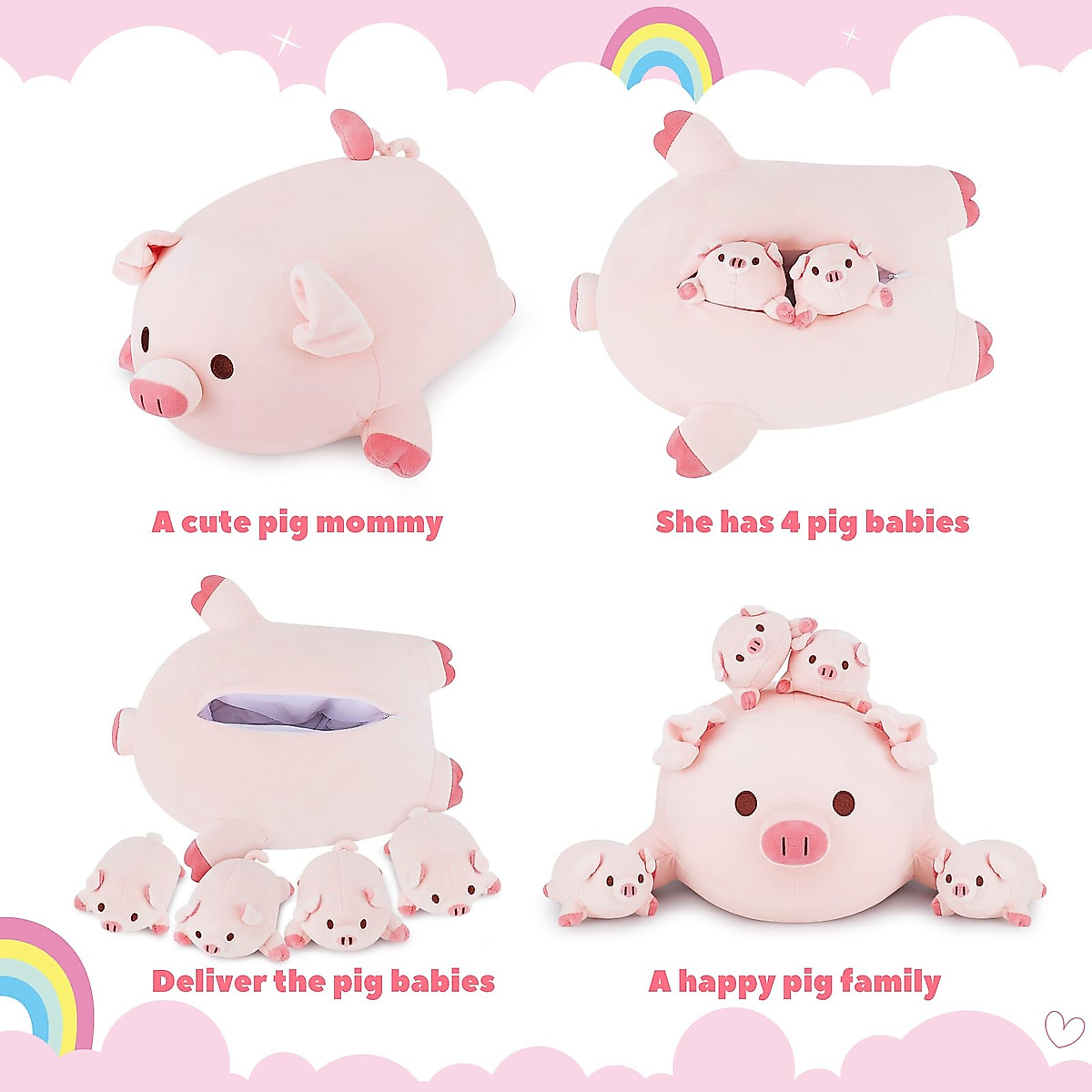 Achwishap 5PCS Pig Family,Pig Stuffed Animal Mommy with 4 Pig Babies Plush,Cute Pig Plush Pillow Cushion Doll,Kawaii Pig Plush Toy Hugging Pillow for Kids Adult(16” Pig Family)