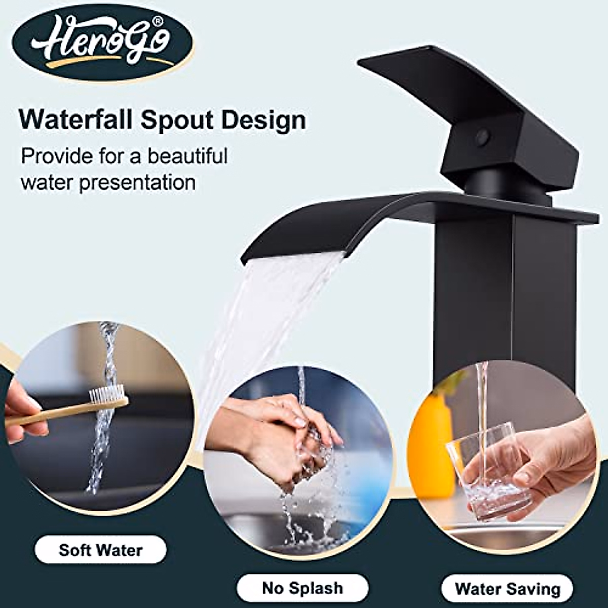 Herogo Black Bathroom Faucet with Bathroom Sink Drain, Single Handle Waterfall Bathroom Sink Faucet for 1 Hole or 3 Holes, Stainless Steel Matte Black Vanity RV Lavatory Faucet with Water Supply Hoses