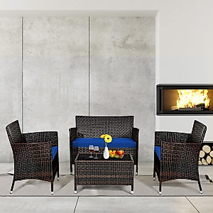 Toolsempire 4 Pieces Patio Sofa Set, Wicker Conversation Set with Ergonomic Curved Backrest, Rattan Furniture Set with Water-Resistant Cushion & Tempered Glass Table for Balcony, Porch (Navy Blue)