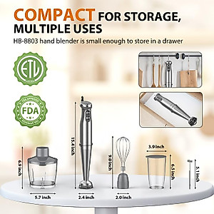 KOIOS Immersion Blender, 1000W Anti-scratch 5-in-1 Hand Blender, 12 Speed Stick Blender Stainless Steel Blade with Turbo Mode, 20oz Beaker, 17oz Chopping Bowl, Whisk and Milk Frother, Non-BPA