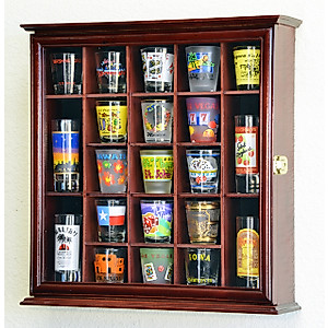 21 Shot Glass Shotglass Shooter Display Case Holder Cabinet Wall Rack 98% UV Lockable -Cherry