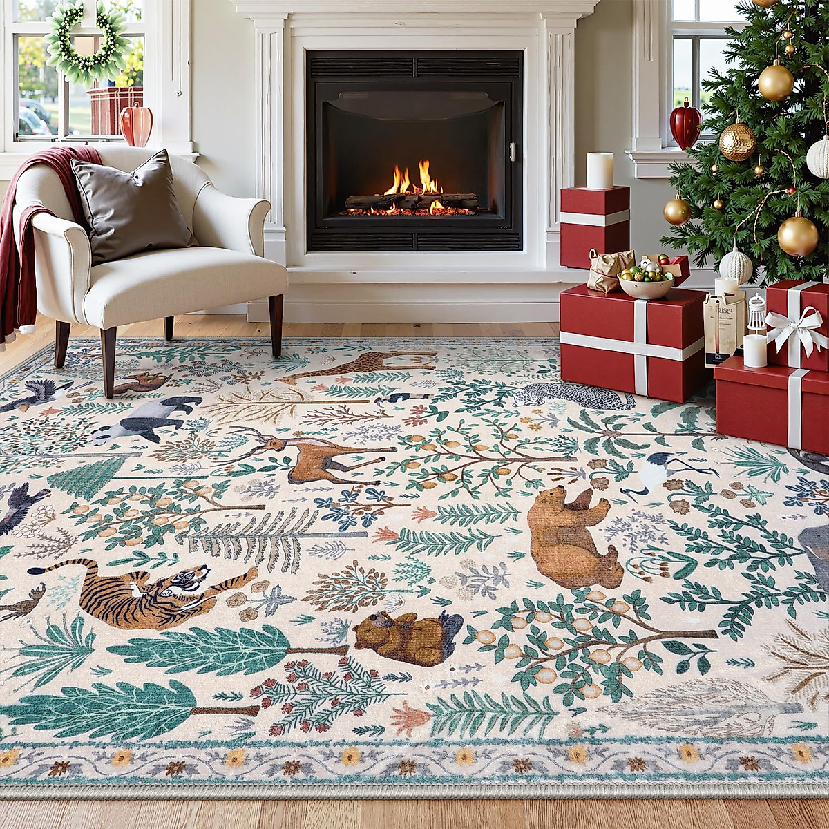 OJIA Jungle 8x10 Area Rugs for Living Room Bedroom Christmas Large Washable Rugs, Thin Modern Nursery Rug Non-Shedding Kids Playroom Rug Stain Resistant Large Carpet Neutral Rugs for Kids Room Dining