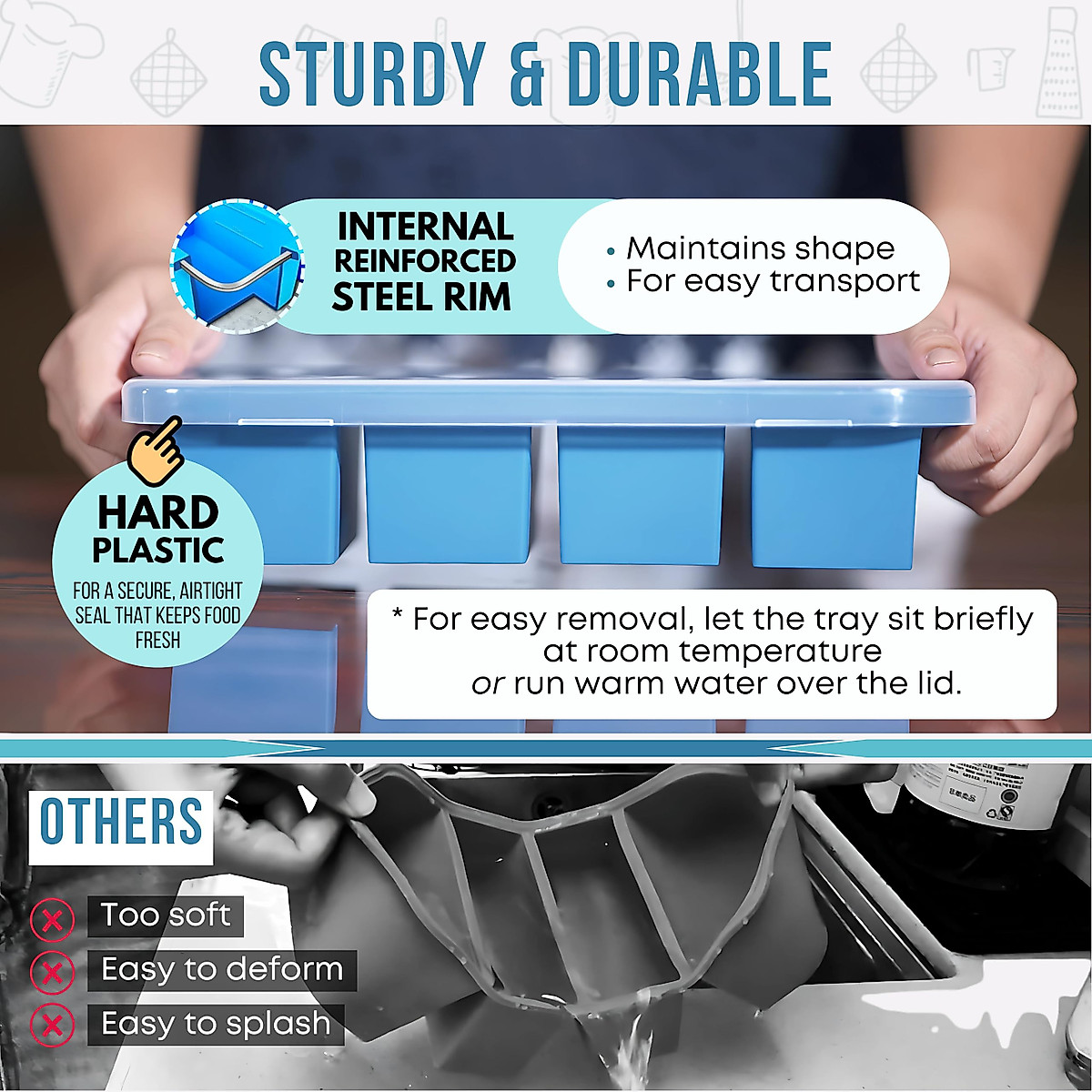 Sandunes 1 Cup Silicone Freezer Molds - Soup Cubes Perfect for Freezing Soup, Sauce, Rice, Leftovers and More - Silicone Freezer Trays with Lids for Meal Prep - Blue - 2-Pack