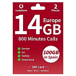 Vodafone Europe Prepaid SIM Card - 14GB + 800 Mins Calls in UK and Europe, 100GB + Unlimited Calls in Spain, Vodafone SIM Card Europe for 28 Days, Supported Hotspot for iPhone/Android(2 Pieces) 15 EUR