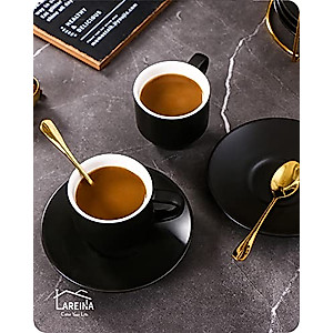 Lareina Porcelain Stackable Espresso Cups with Saucers, Spoons and Metal Stand 4 Ounce Small Cappuccino Coffee Cups Set of 6 - Ceramic Demitasse Cups for Nespresso Lungo, Double Espresso, Black