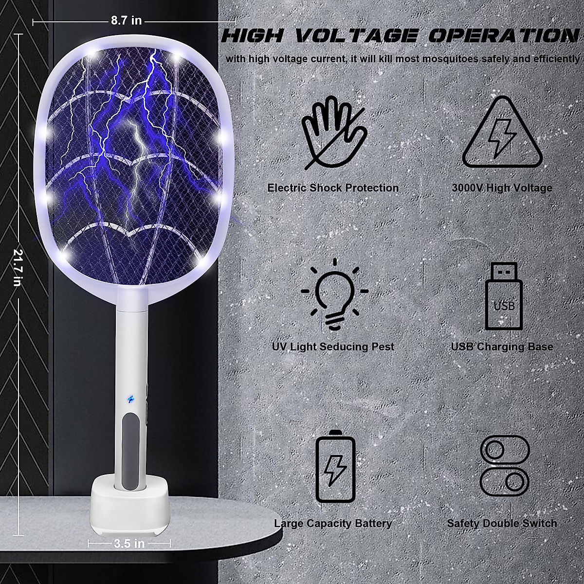 Phosooy Electric Fly Swatter Rackets, 2-in-1 Handhold Bug Zapper with 3000V High Voltage, Plug-in Mosquito Killer Insect Light Trap with 3 Layer Safety Mesh Portable for Indoor Outdoor Use (1)