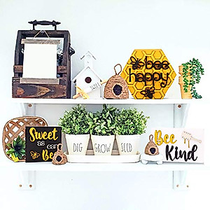 Huray Rayho Bee Wooden Sign Tiered Tray Decor Set of 5, Bee Happy Honeycomb 3D Letter Raised Laser Engrave Wood Block Bundle Honey Dippers Spring Summer Farmhouse Home Kitchen Bookshelf Table Decor