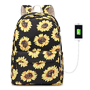EZYCOK School Bookbag for College Girls Women, Water Resistant Laptop Backpack Casual Daypack with USB Charging Port, Sunflower