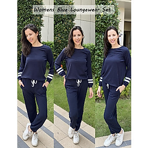Ekouaer Lounge Sets for Women Ribbed Knit Outfits Pajamas Sets 2 Piece Long Sleeve Sweatsuits with Pockets Blue XL
