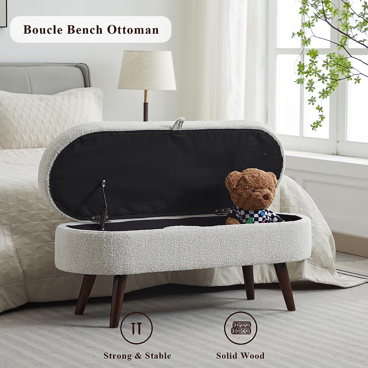 43.8" Storage Ottoman Bench for Bedroom, Upholstered Storage Bench, Boucle Ottoman Bench with Safety Hinge, End of Bed Bench with Solid Wood Legs for Living Room/Bedroom/Entryway/Beige