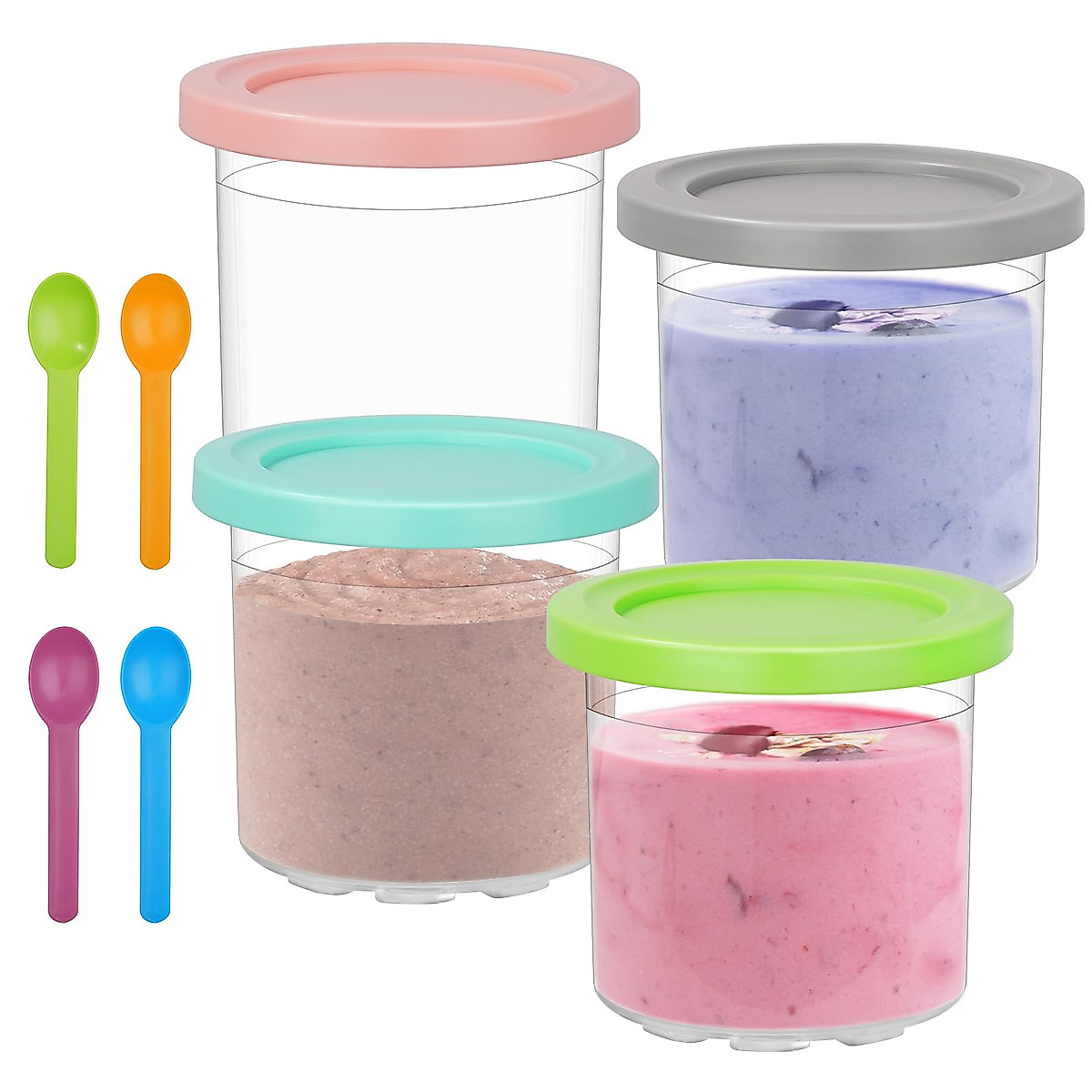 Widousy 4 Pcs Ice Cream Pints Cup, Creami Pints with Lids, Compatible with NC300, NC301 AMZ Series Ice Cream Makers, Color Lids (Blue, Pink, Green, Grey