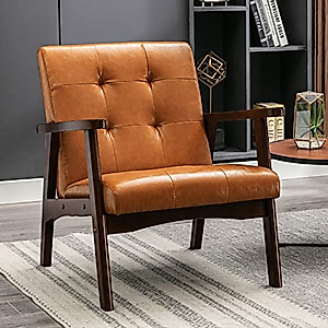 Bonzy Home Mid Century Modern Accent Chair for Living Room, Upholstered Faux Leather Armchair Comfy Retro Bedroom Side Chair with Solid Wood Frame, Orange