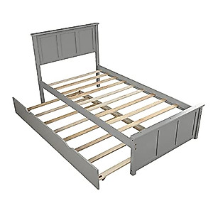 Merax Twin Size Platform Bed with Trundle, Twin Bed Frame with Headboard/Mattress Foundation/Strong Slat Support/No Box Spring Needed, Grey