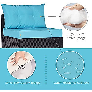 Einfach 3 Pieces Patio Furniture Sectional Conversation Set, Black PE Rattan Wicker with Blue Cushions, Outdoor and Indoor