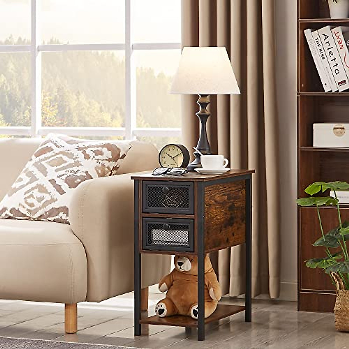 VECELO Flip Top Narrow Side Table with Storage Shelf, Wood Look Accent Furniture for Living Room Bedroom,Brown(Set of 2), 2 Set