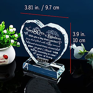 80th Birthday Gifts for Women Mom, Happy 80 Years Old Gifts Ideas for Female Grandma, Glass Love Heart Engraved Keepsake Presents for Her Wife