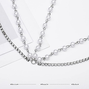 Fdesigner Boho Pearl Head Chain Vintage Crystal Headpieces Wedding Rhinestone Hair Jewelry Party Festival Hair Accessories for Women and Girls (Silver)