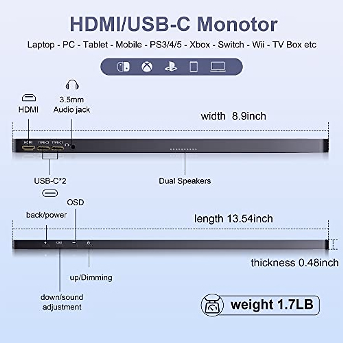 NIUTO Portable Monitor for Laptop 15.6 inch 1080p IPS 72 sRGB FHD 1920x1080 HDMI or USB C Computer VESA Display Travel Screen for MAC Mini MacBook Andriod Phone Xbox ps5 steam Deck Switch Monitor