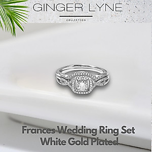 Square Halo CZ Engagement Rings for Women Set Plated White Gold Wedding Rings for Women by Ginger Lyne | Cubic Zirconia Bridal Rings Sets for Her | Half Eternity Wedding Band