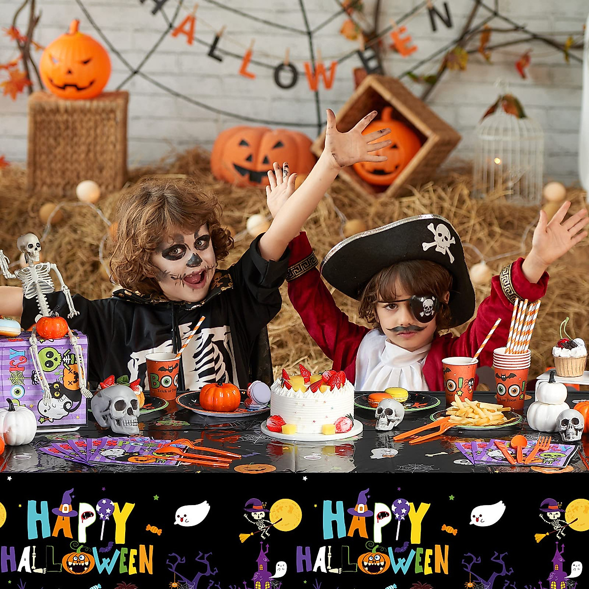 194 Pieces Halloween Party Supplies Tableware Set,Paper Dessert Plates Cups and Napkins Plastic Tablecloth Disposable Straws Knives Forks for Happy Halloween Holiday Party Decorations