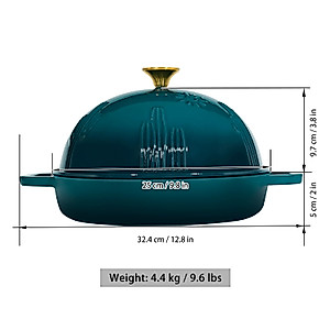 Flavehc Bread Oven Cast Iron Bread Dutch Oven with Cloche Lid for Bread Baking Darkcyan Enameled Cast Iron Bread Oven with Dome Lid for Sourdough 5 qt