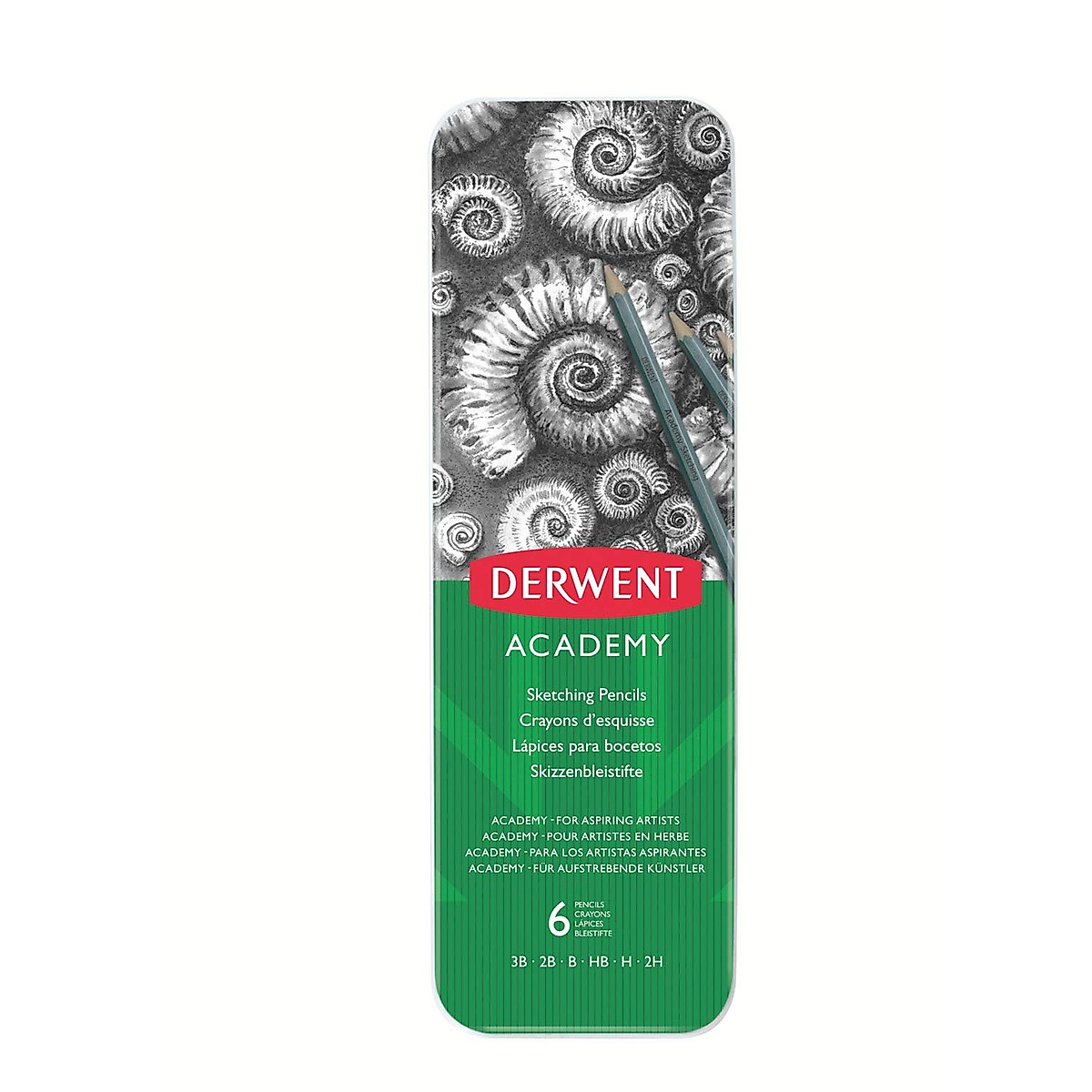 Derwent Academy Sketching Pencils, 6 Degrees of Hardness, Metal Tin, 6 Count (2301945)