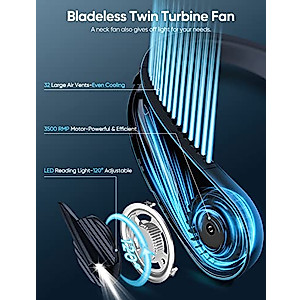 Neck Fan Portable with Reading Light - Cooling Rechargeable Battery Operated Neckband Fan, Ultra Quiet, Hands Free 4 Speeds Bladeless Wearable Fan for Travel, Outdoor