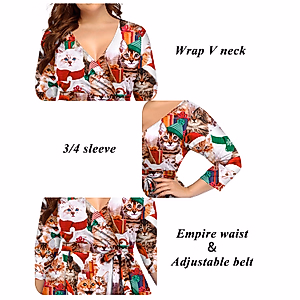 Christmas Dresses Women Plus Size Cat Print Meowy Cute Holiday Casual Long Sleeve Xmas Ugly Wrap Fall 2022 Midi Dress