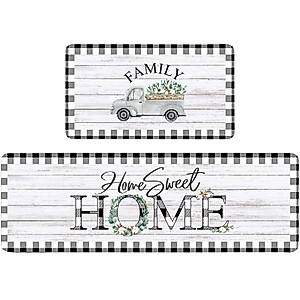 Riakrum 2 Pieces Non Slip Kitchen Mat for Floor Farmhouse Kitchen Rugs and Mats Gray Black White Checkered Rug Cushioned Comfort Standing Mats for Kitchen, 16 x 28 and 16 x 47 Inch