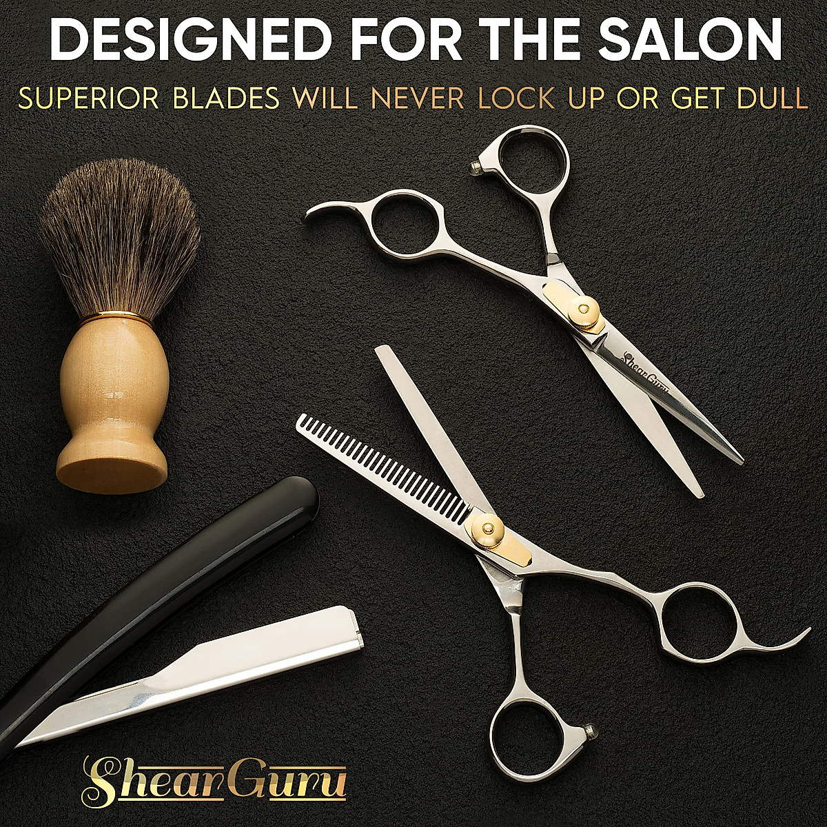 ShearGuru Professional Barber Kit/Salon Haircut Scissors Cutting Set - 6.5"-Straight Edge Razor Sharp Barber Scissors + Texturizing Thinning Shears Styling Hair for Women Men