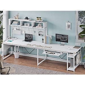 SEDETA White L Shaped Gaming Desk, Reversible Corner Desk with Power Outlet and Pegboard, L Shaped Desk with Hutch, Storage Shelf, Keyboard Tray, and LED Lights for Home Office, White