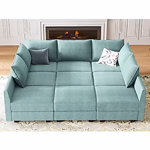 HONBAY Modular Sofa Sectional Sleeper Couch with Ottomans Reversible Sleeper Sectional Sofa Modular Couch with Storage, Aqua Blue