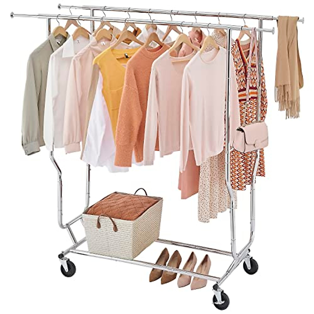 Tajsoon Clothes Rack,Collapsible Standard Rolling Garment Rack With Wheels,Extendable Liftable Y Type Heavy Duty Double Rods Clothes Hanging Rack,Commercial Clothing Storage Display Stand,Chrome