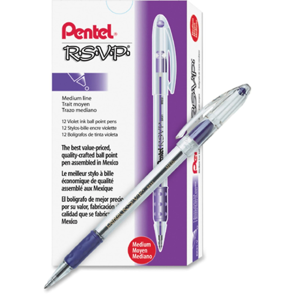 Pentel® R.S.V.P.® Ballpoint Pens, Medium Point, 1.0 mm, Clear Barrel, Violet Ink, Pack Of 12